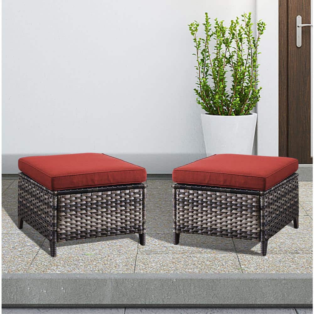 Gymojoy Carolina Wicker Outdoor Ottoman with Red Cushion (2-Pack) GM016 ...