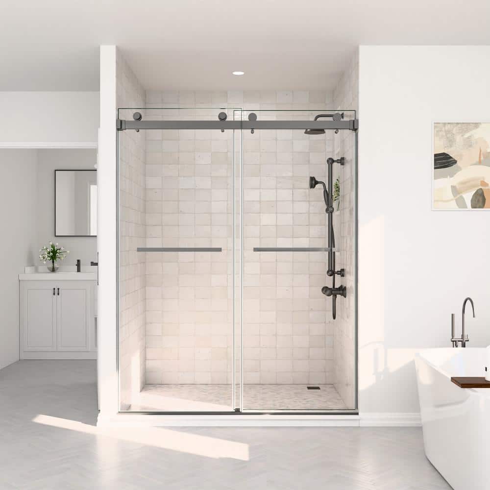SHAAMA 60 in. W x 80 in. H Double Sliding Frameless Shower Door in Space Gray with Smooth ...
