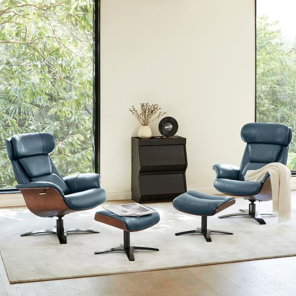 SPRUCE SPRING Theo Genuine Leather Recliner Swivel Chair with Ottoman and Adjustable Headrest for Living Room in Teal SSAC71200D U638093