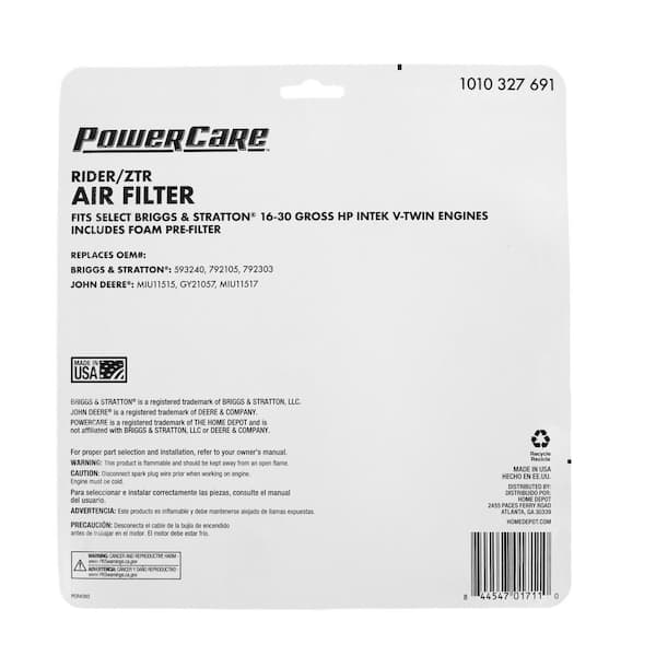 Powercare Air Filter for Briggs and Stratton, John Deere Engines ...