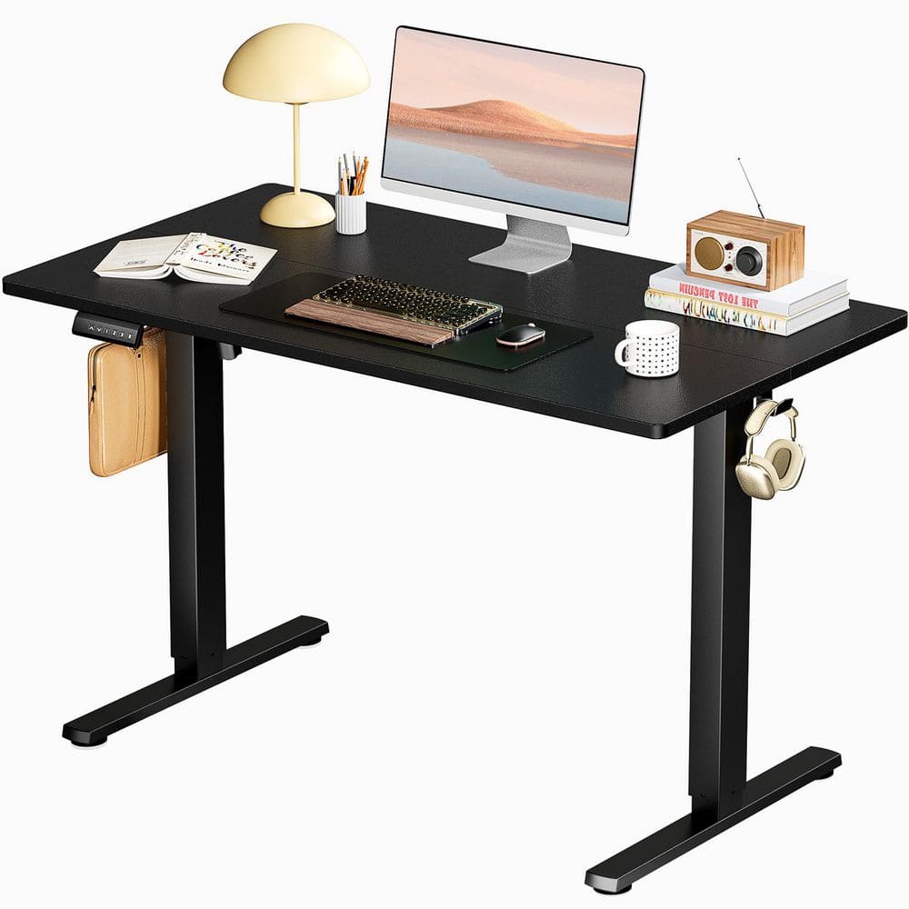 Bestier 40 in. Rectangular Black Wood Electric Standing Desk with Hooks ...