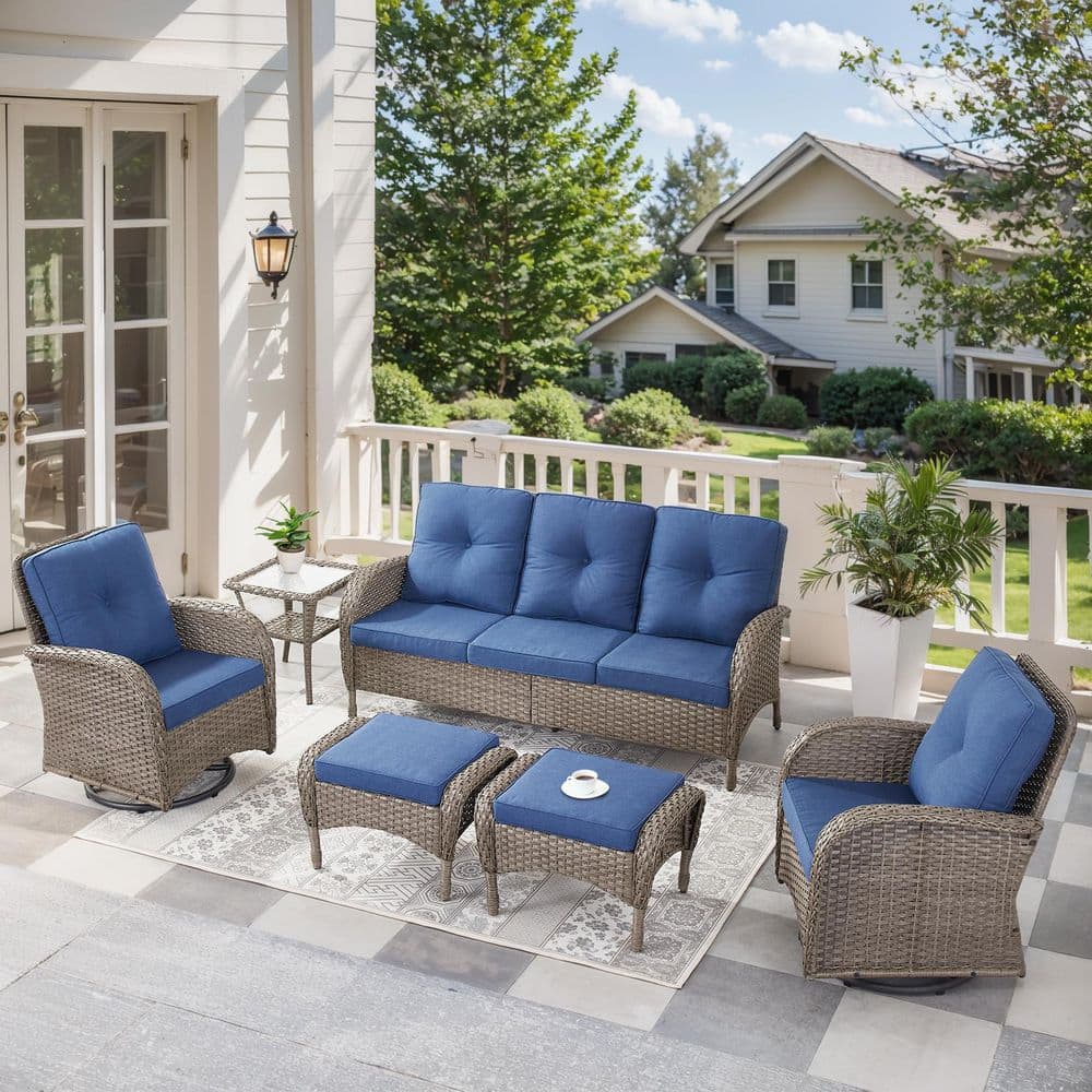 Bellefurn Rotavia Gray 6-Piece Wicker Patio Conversation Set with Swivel Rockers, Outdoor Sofa ...
