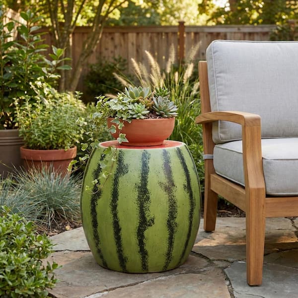 Liv & Skye Metal 17 in. Green Realistic Watermelon Design Garden Stool ...