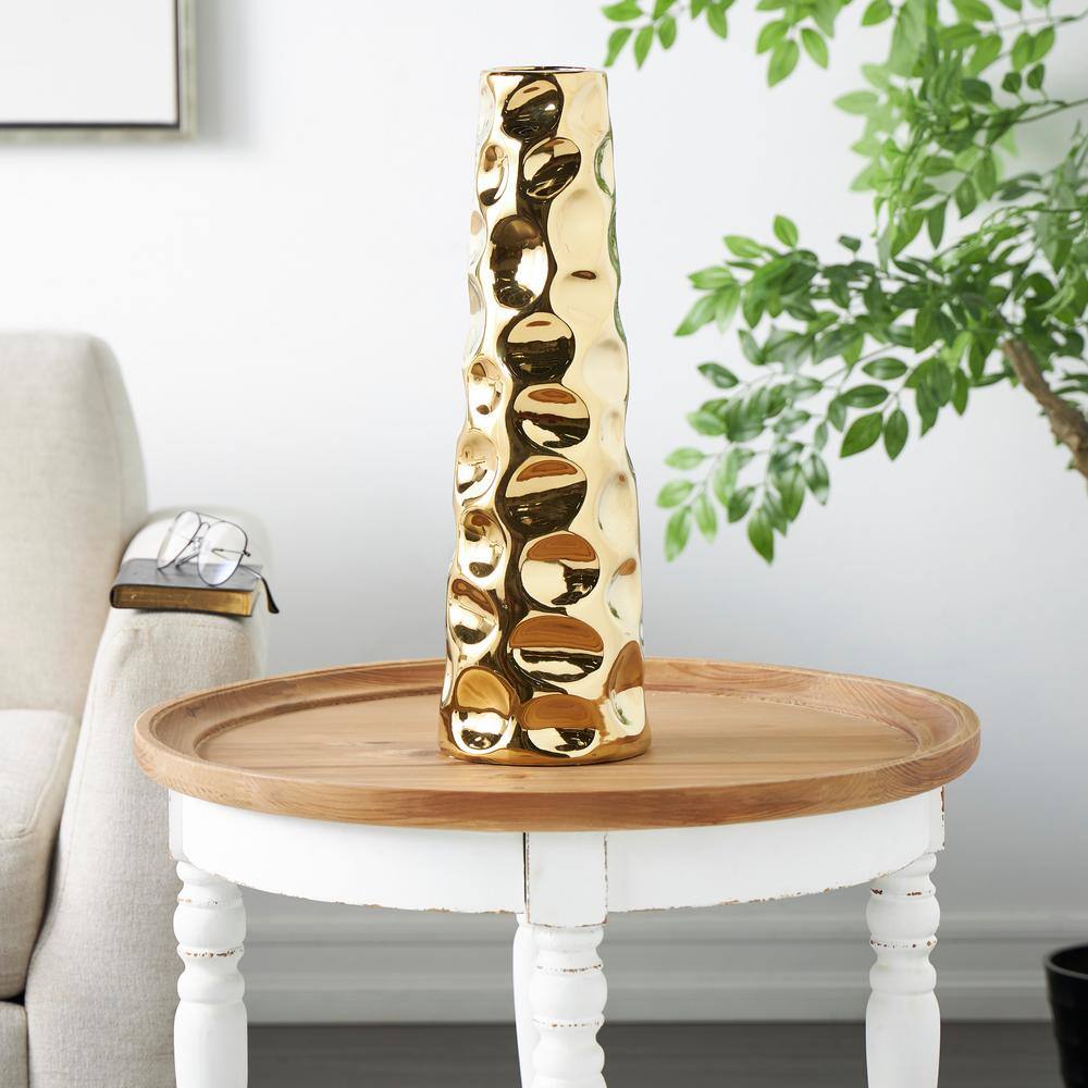 Litton Lane 19 in. Gold Geometric Ceramic Decorative Vase with Concaved ...