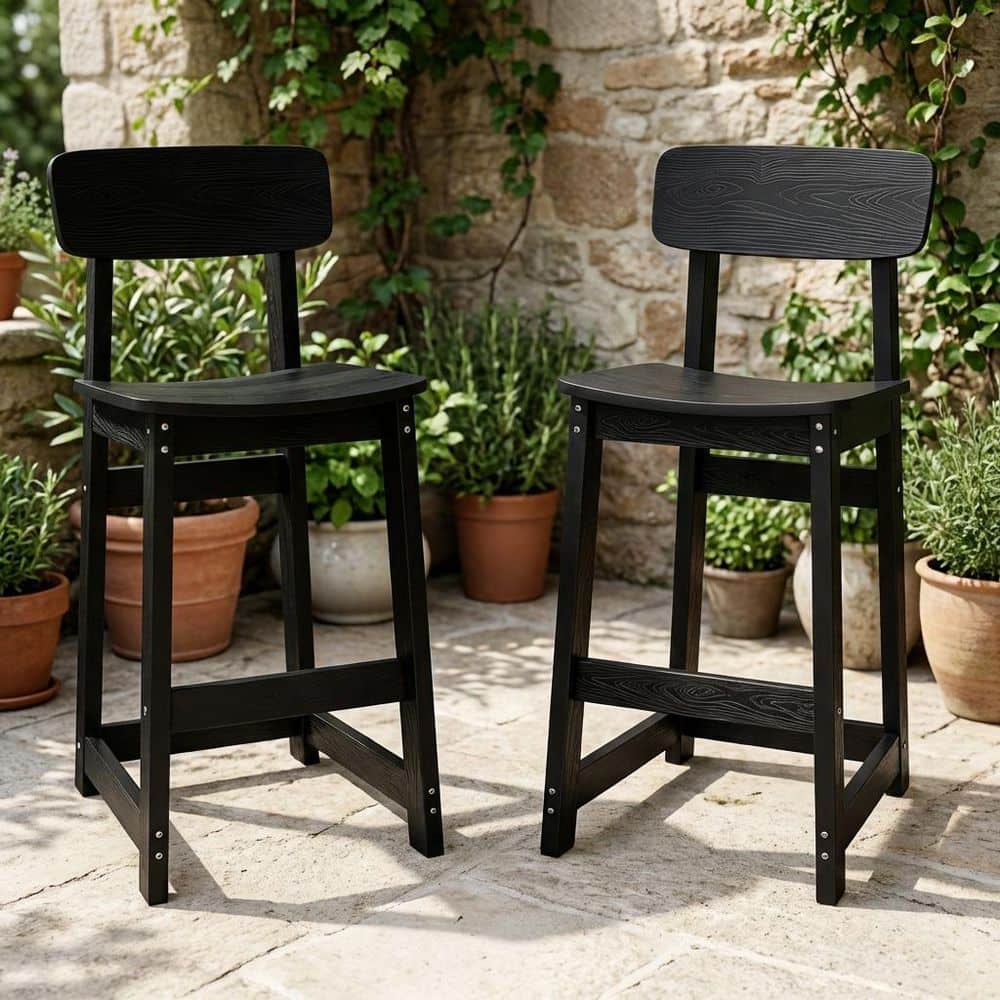 JEAREY HDPE Plastic Outdoor Bar Stool (2-Pack) with Black MDGB2-BK ...