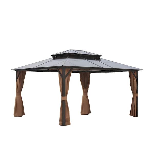 Tan 10 ft. x 12 ft. Steel Outdoor Gazebo Double Roof Canopy with ...