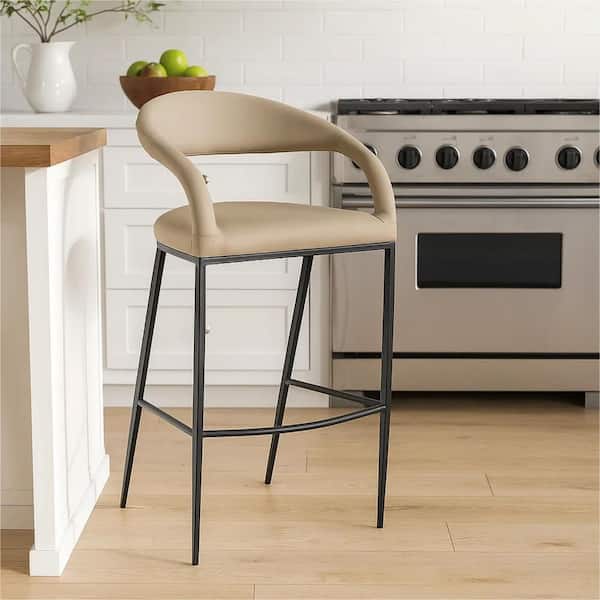 Benjara Monie 40 in. H Beige and Black Metal Bar Stool with Faux ...