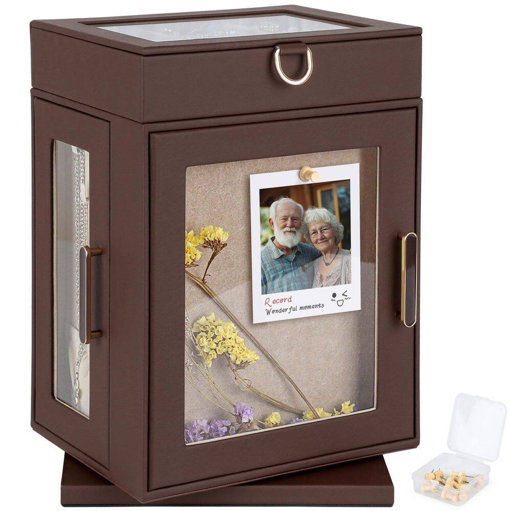 Brown PU Leather 360° Rotating Jewelry Box with Shadow Box, Detachable ...