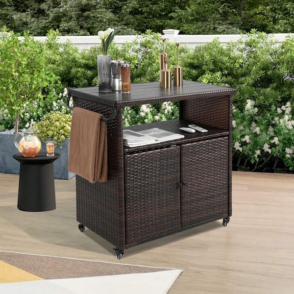 35.2 in. W Wicker Outdoor Storage Cabinet Bar Cart Patio Wine Serving ...