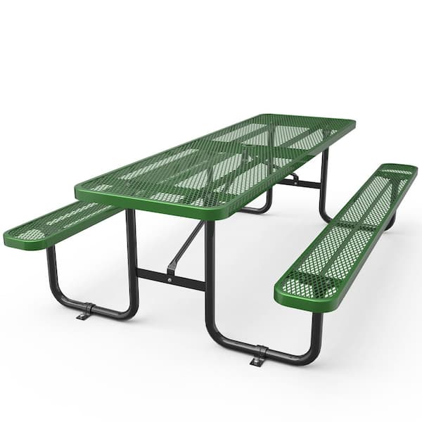 96 in. Expanded Metal Rectangular Picnic Table Set-Heavy-Duty Steel ...