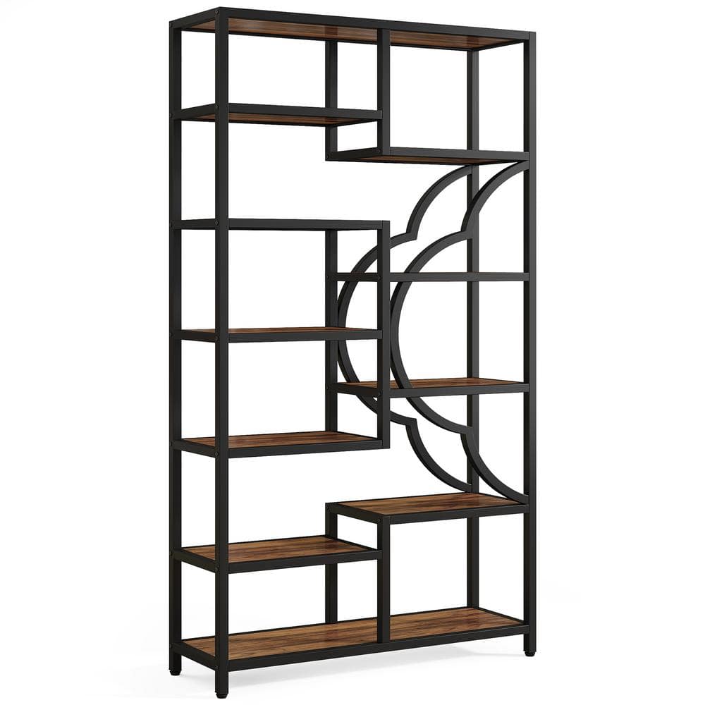 BYBLIGHT Eulas 74.8 in. Tall Brown Wood 11-Shelf Etagere Bookcase ...