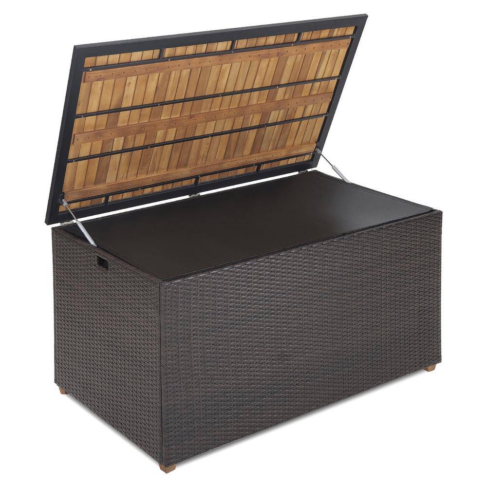 Gymax 134 Gal. Patio Wicker Storage Deck Box with Solid Acacia Wood ...