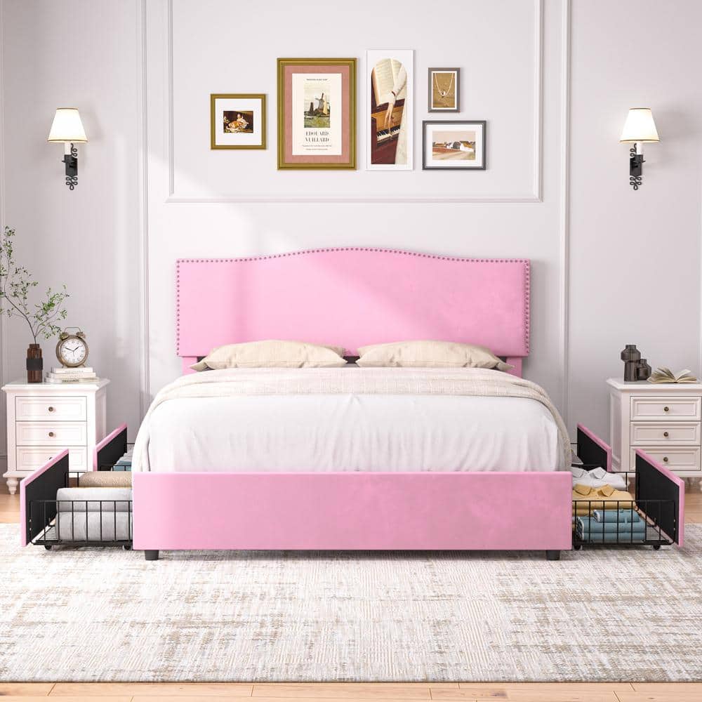 VECELO Velvet Storage Pink Metal Frame Full Platform Bed with 4 Drawers ...