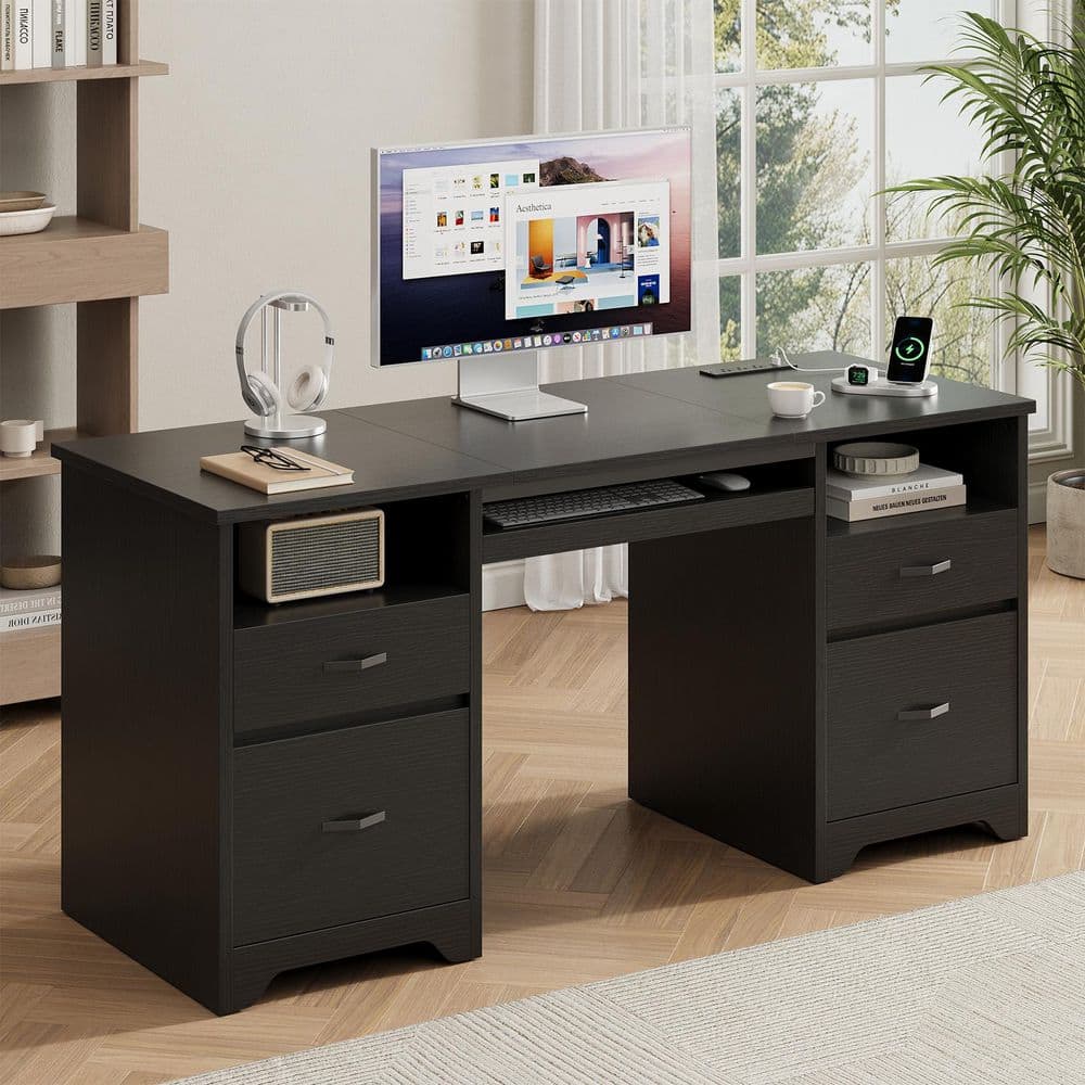 Bestier 59 in. Rectangular Black Computer Desk with Drawers and Power ...