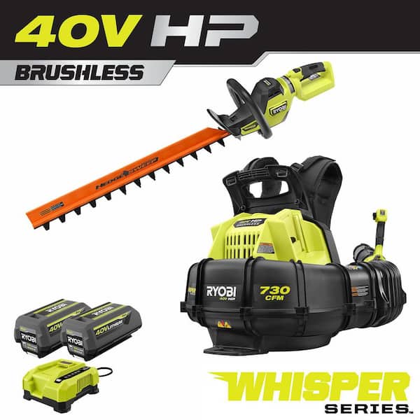 RYOBI 40V HP Brushless Whisper Series 165 MPH 730 CFM Backpack Blower Hedge Trimmer w 2 6.0 Ah Batteries Charger RY404170 RY40604BTL