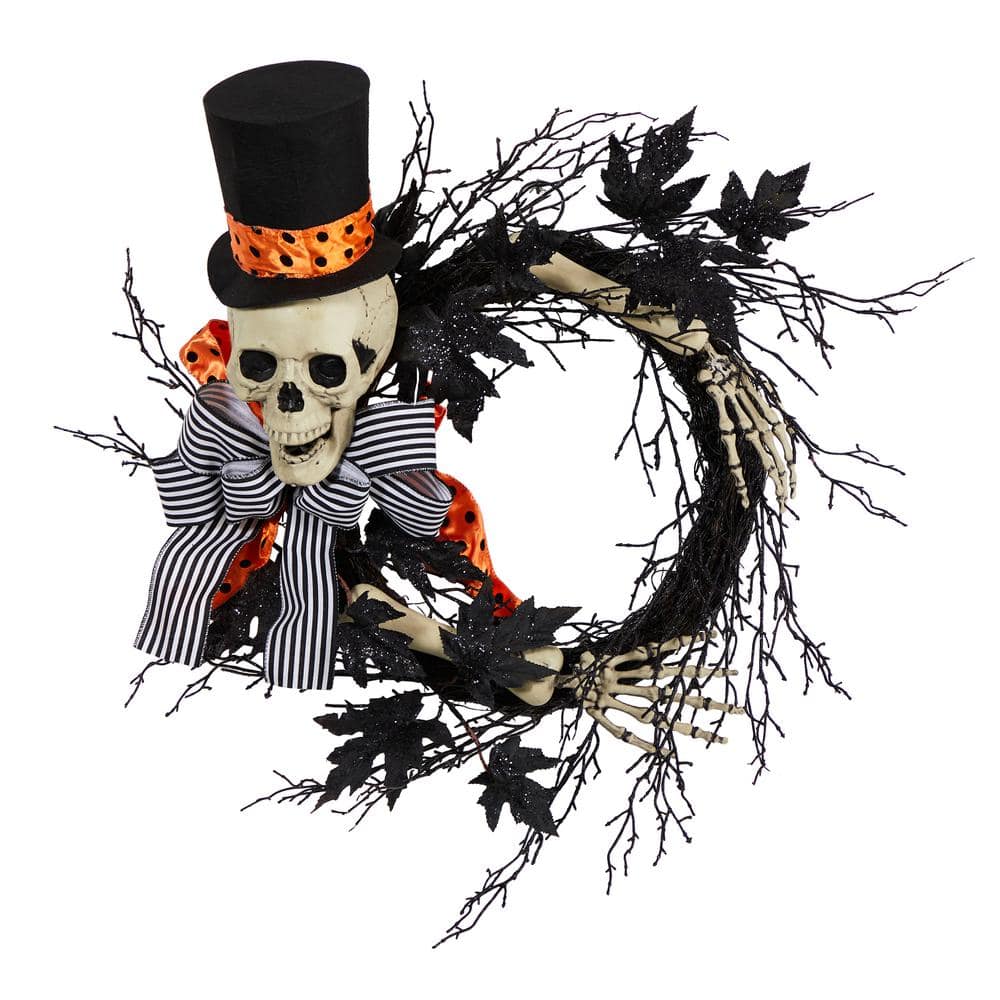 Nearly Natural 26 in. Black Dapper Skeleton Halloween Wreath W1199 ...