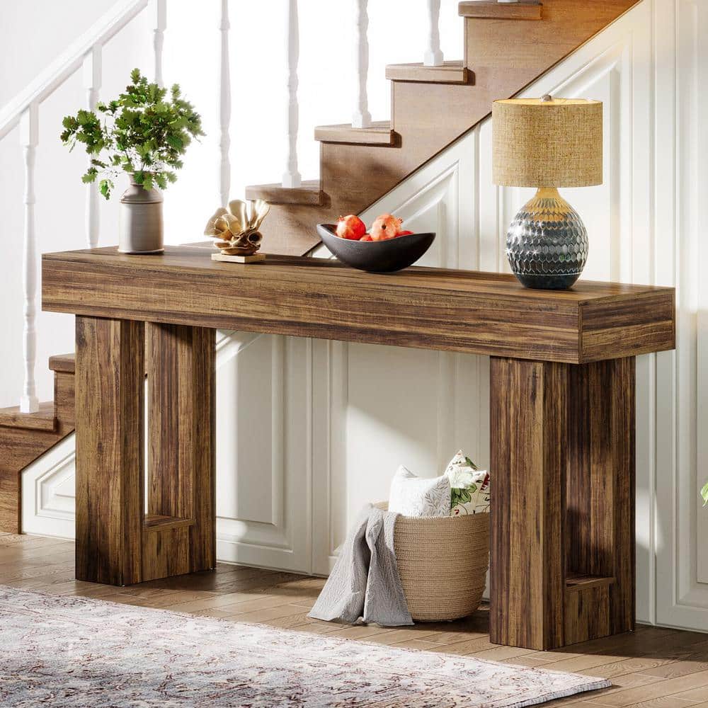 BYBLIGHT Turrella 62.99 in. Walnut Console Tables, Rectangle Wood ...
