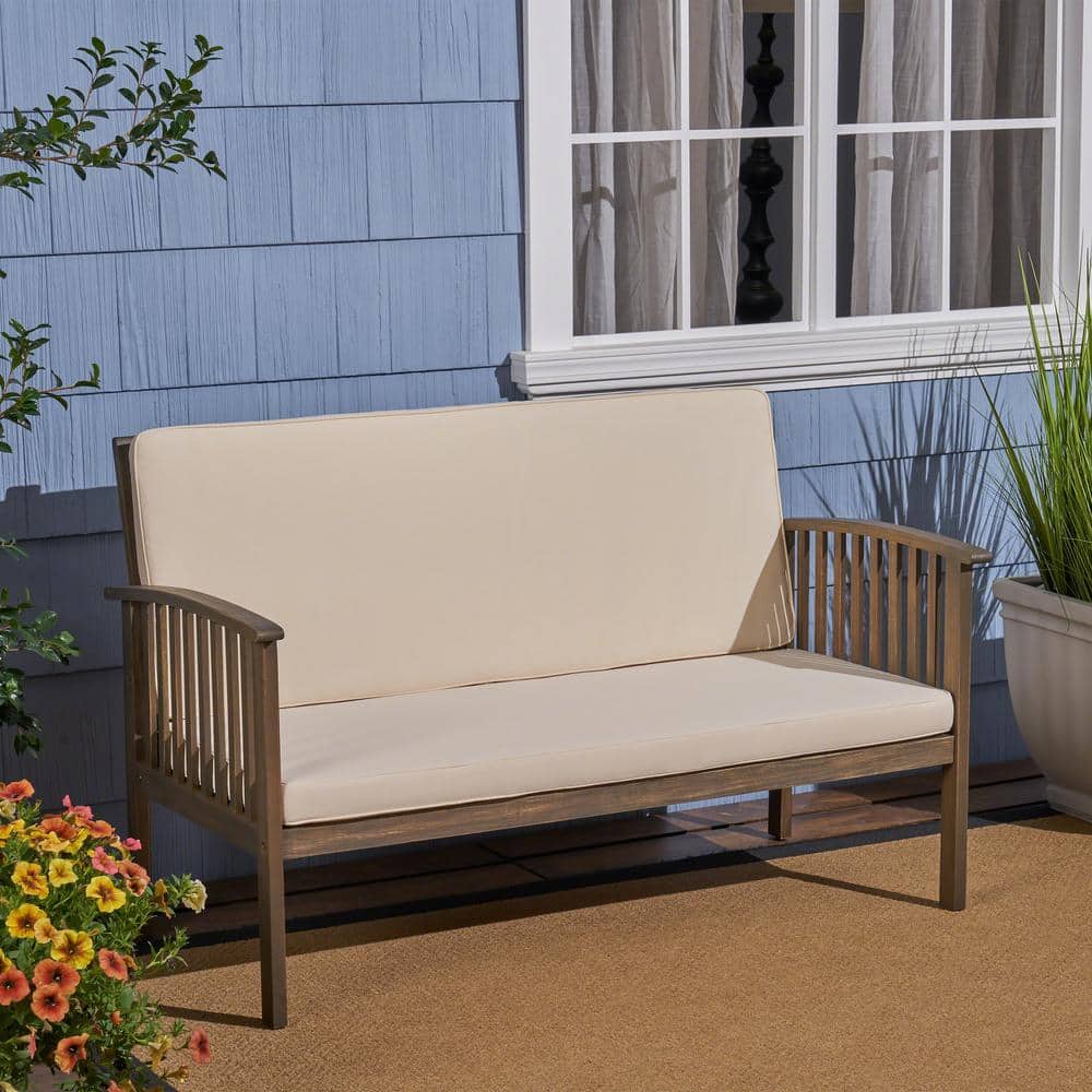 Gray 1-Piece Wood Outdoor Loveseat with Cream Cushions 10063308 - The ...