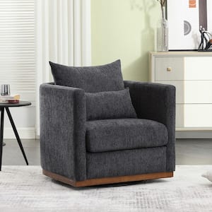 31.9 in. W Black Chenille Swivel Accent Barrel Chair and Comfy Round ...