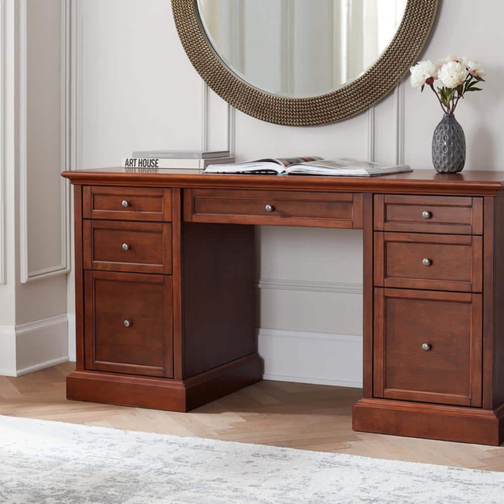 61 in. Rectangular Walnut Brown 7 Drawer Executive Desk with Solid Wood Material