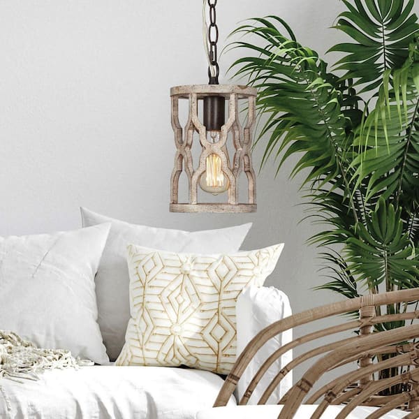 LNC Grain Farmhouse Kitchen Island Pendant Light 1-Light Wood Drum Cage ...