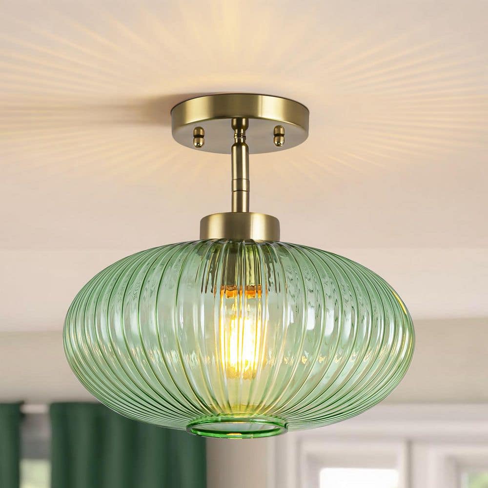 Rennnsan Lyraen 11.8 in. 1-Light Green Transitional Flush Mount with ...