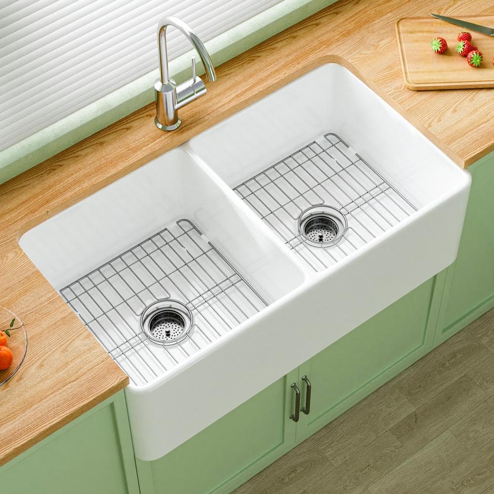 Jasmie Farmhouse Series 33 in. Apron Front Kitchen Sink Double Bowl ...