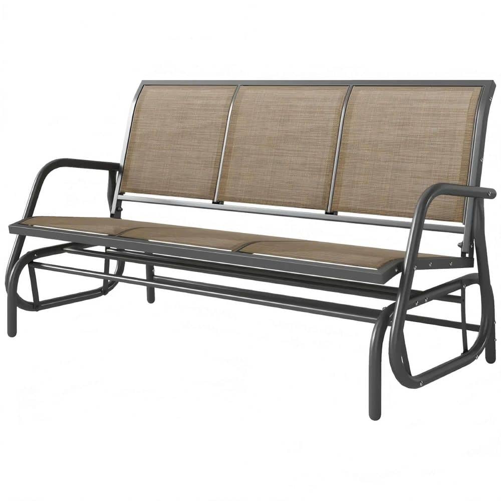 3-Person Brown Metal Outdoor Glider Patio Porch Swing with Breathable ...