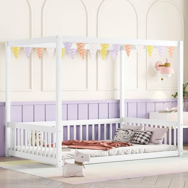 Noble House Eunice White Wood Frame Full Size Canopy Bed with ...