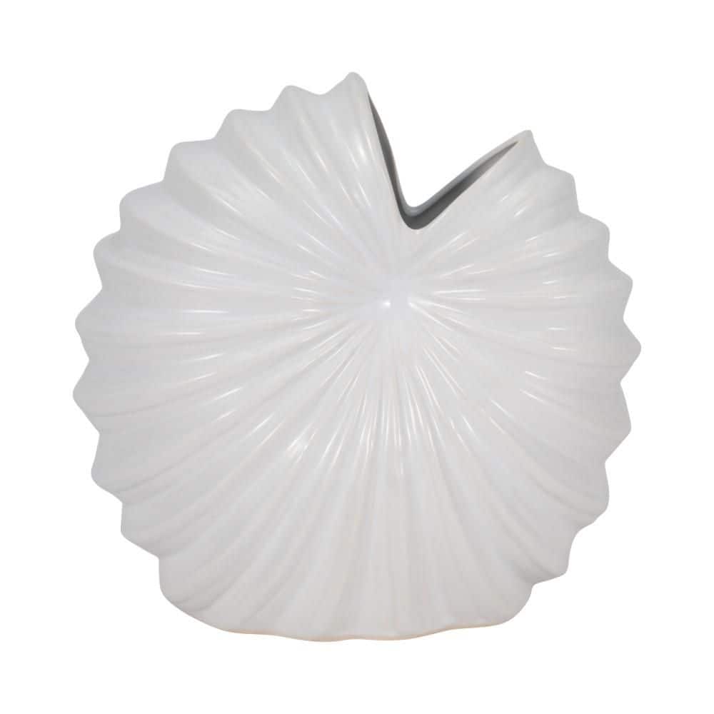 Liv & Skye 10 in. White Stoneware Round Shell Shaped Decorative Vase ...