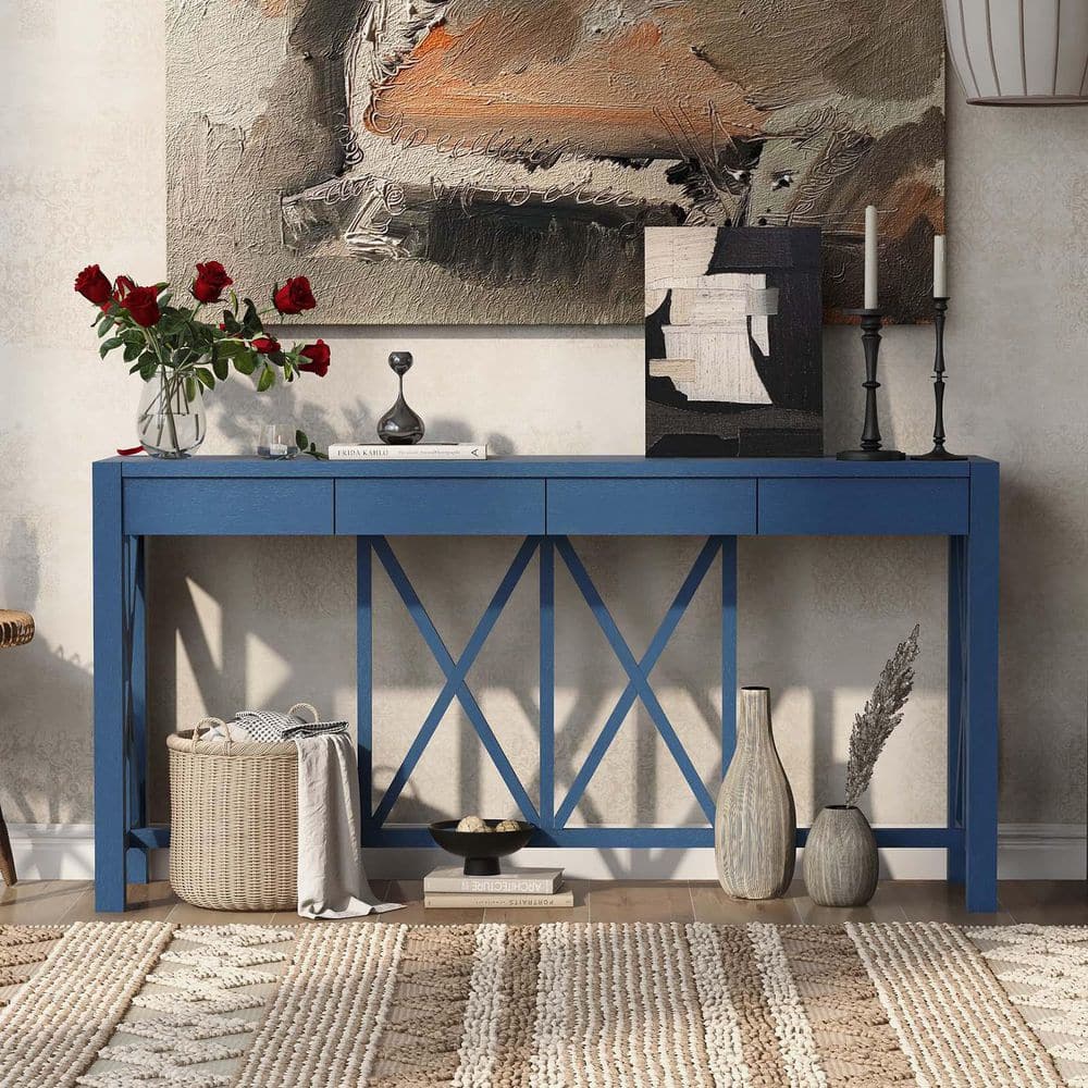 60 in. Navy Blue Rectangle MDF Rustic Console Table Modern Crisscross ...