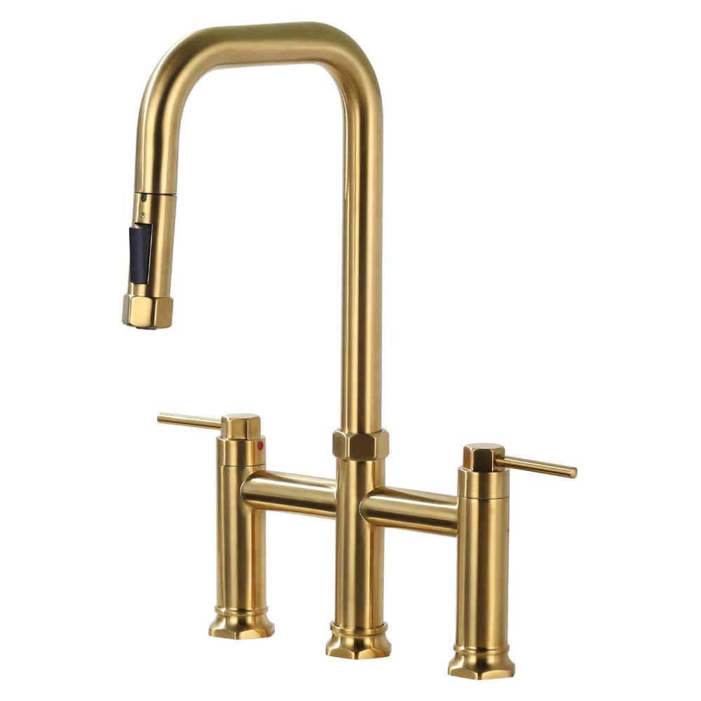 WOWOW 3 Holes Double Handle Bridge Kitchen Faucet with Pull Down ...