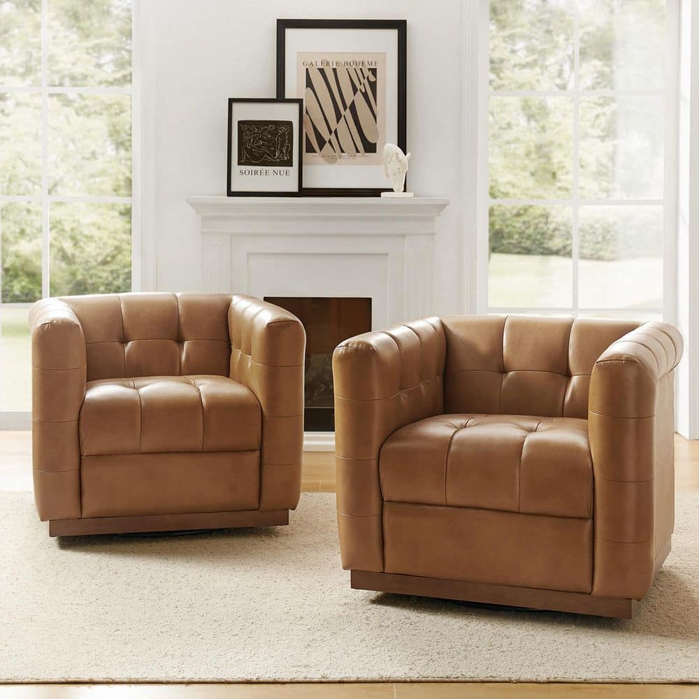 JAYDEN CREATION Gunther Camel Genuine Leather Swivel Club Chair (Set of ...