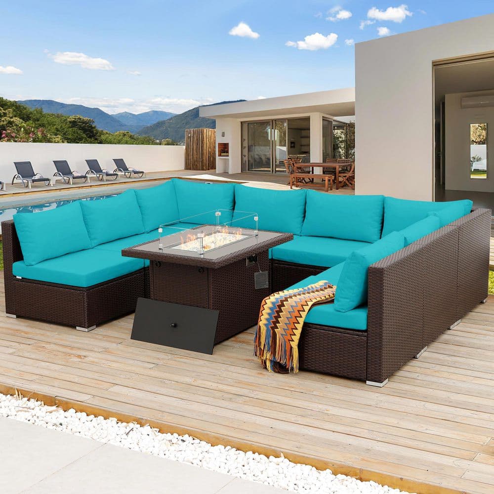 9 Pieces Brown Wicker Outdoor Sectionals Patio Furniture Set ...