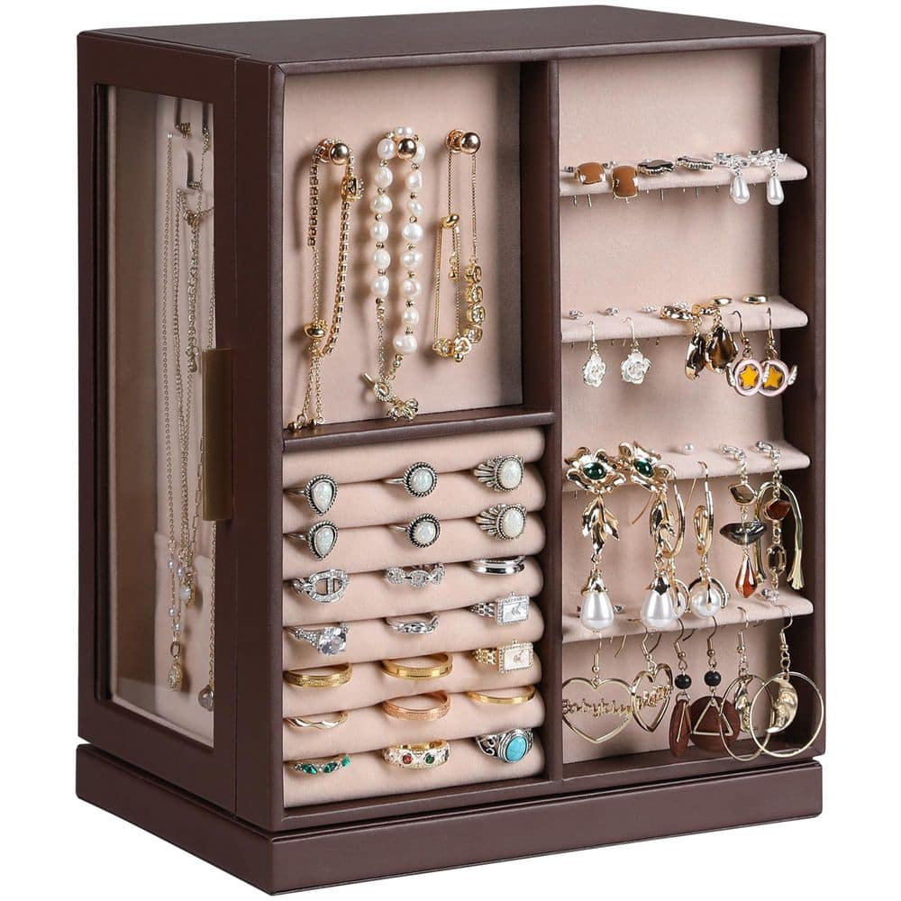 Dark brown PU leather 360° rotating jewelry box with 6 drawers, clear ...