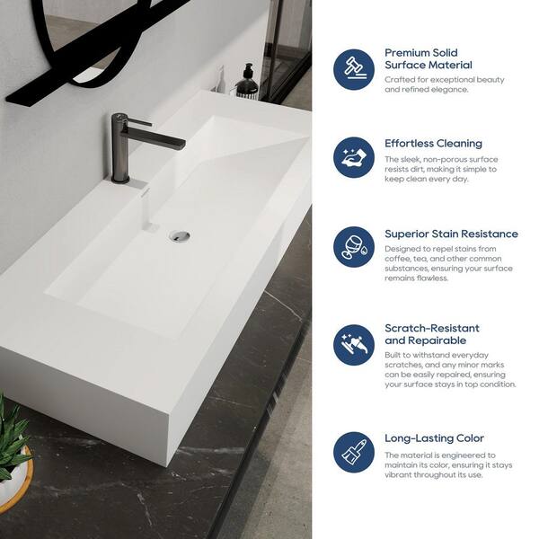 SJ STAR&JANE 48 in. x 18 in. x 6 in. Wall Mounted Bathroom Sink, Solid Surface Rectangle Vessel ...