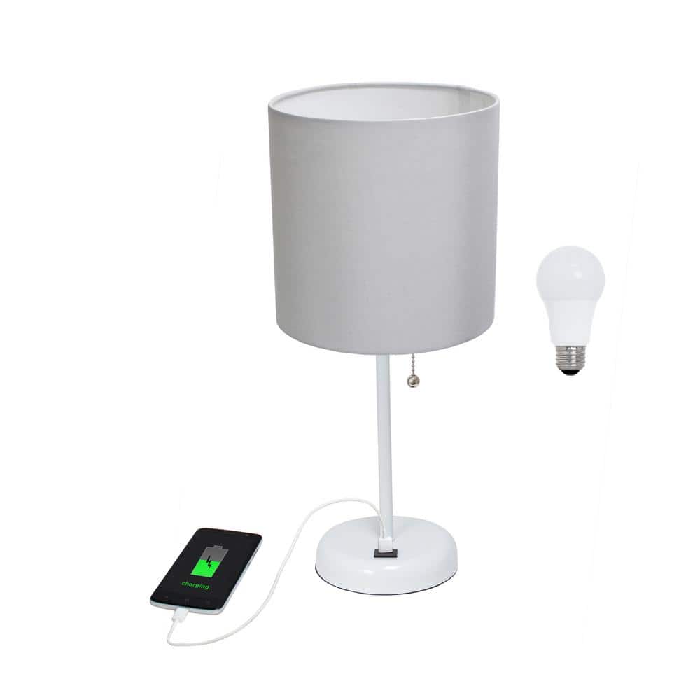 Simple Designs 19.5 in. Gray Table Desk Lamp for Living Room with USB ...