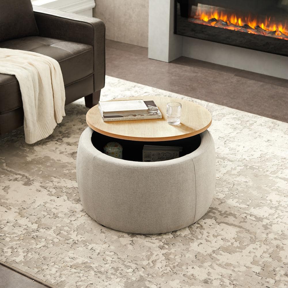 Harper & Bright Designs Round Light Gray Storage Handmade Ottoman End ...
