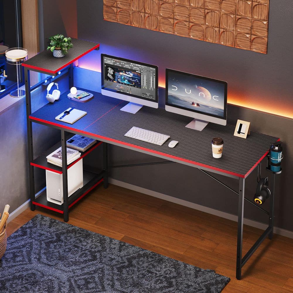 Bestier 61 in. Rectangular Black Carbon Fiber Computer Desk w/ 4-Tier ...