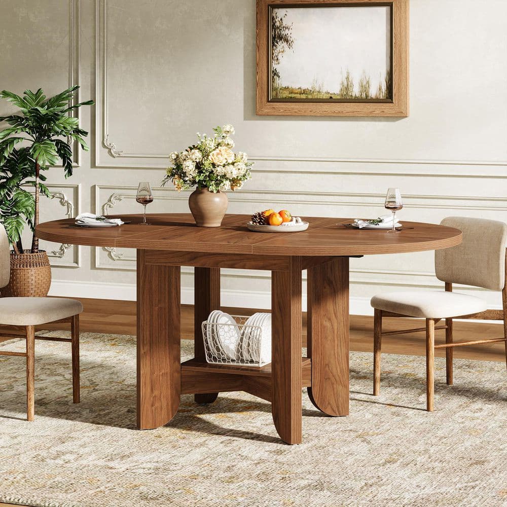 BYBLIGHT Farmhouse Brown Finish Wood 59 in. W Oval 4 Legs Dining Table ...