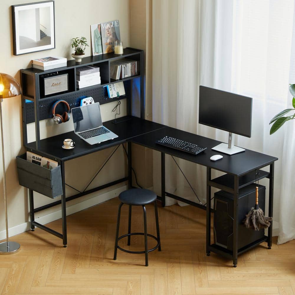 CSC DECOR INC 94.5 in. L-Shape Black MDF Computer Desk with Stool, LED ...
