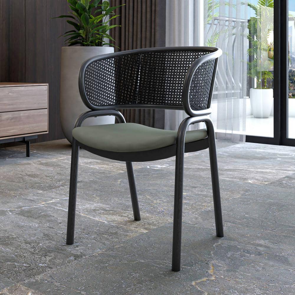 LeisureMod Dining Armchair in Black Steel Frame with Black Wicker Back and Grey Seat