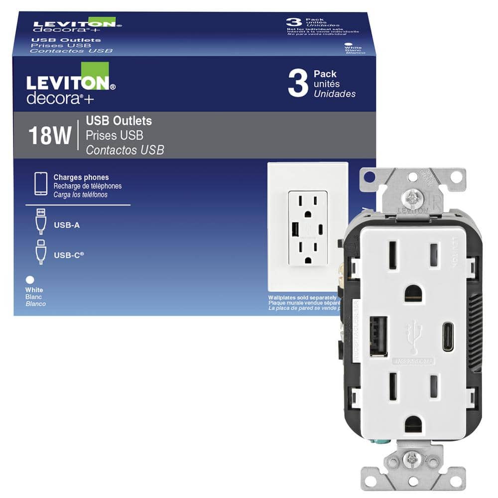 Leviton Decora White 15 Amp Tamper Resistant Duplex Outlet with USB Charger Type A/C 3.6 Amp 18 ...