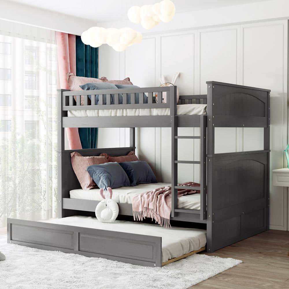 Polibi Brushed Gray Full Over Full Bunk Bed with Twin Size Trundle ...