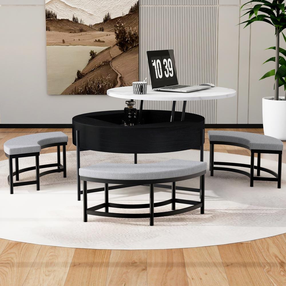 Clihome 32 in. White and Black Round MDF Modern Lift-Top Coffee Table ...