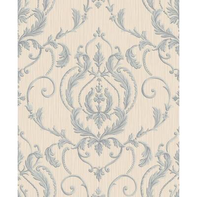 Ornamenta 2 Beige/Blue Intricate Damask Design Non-Pasted Vinyl on Paper Material Wallpaper Roll ...