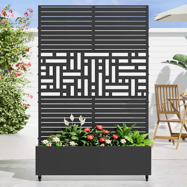 Dovelina 73 in. Black 3-Panel Metal Iron Planter Box with Attached ...