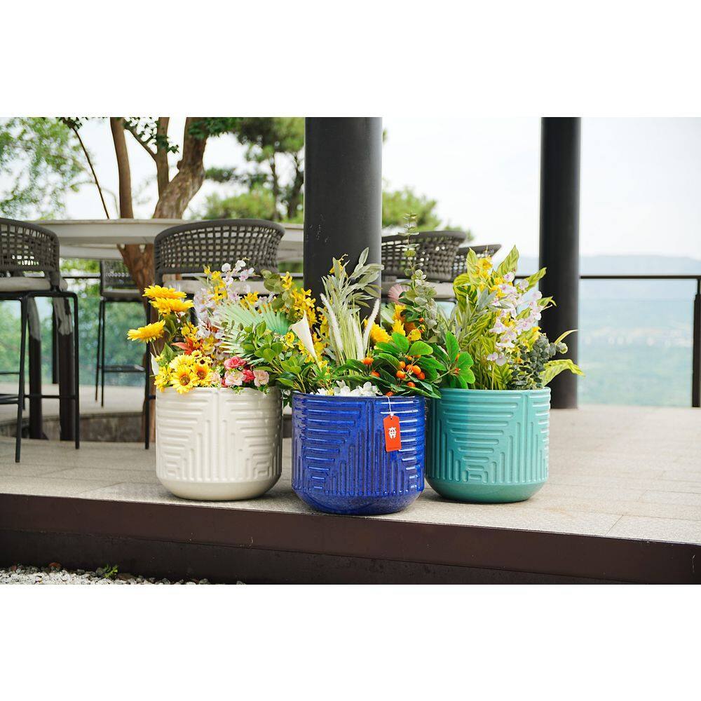 GOGEXX 16.15 in. Round Cyan Ceramic Flower Pot with Drainage Hole ...