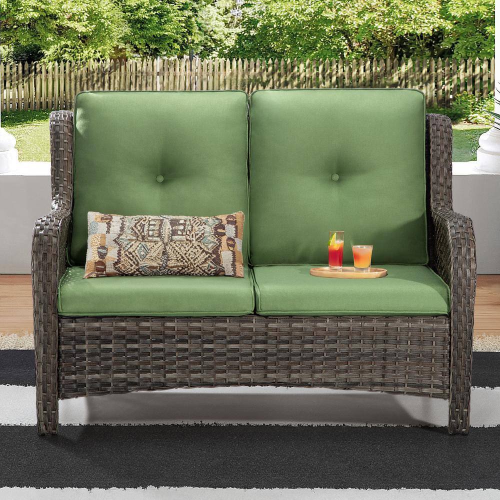 JOYSIDE Brown Wicker Outdoor Patio Loveseat with Green Cushions M79-GRN ...
