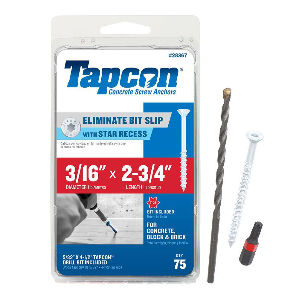 Tapcon 3 16 In X 2 3 4 In White Star Flat Head Concrete Anchors 75 Pack 28367 The Home Depot